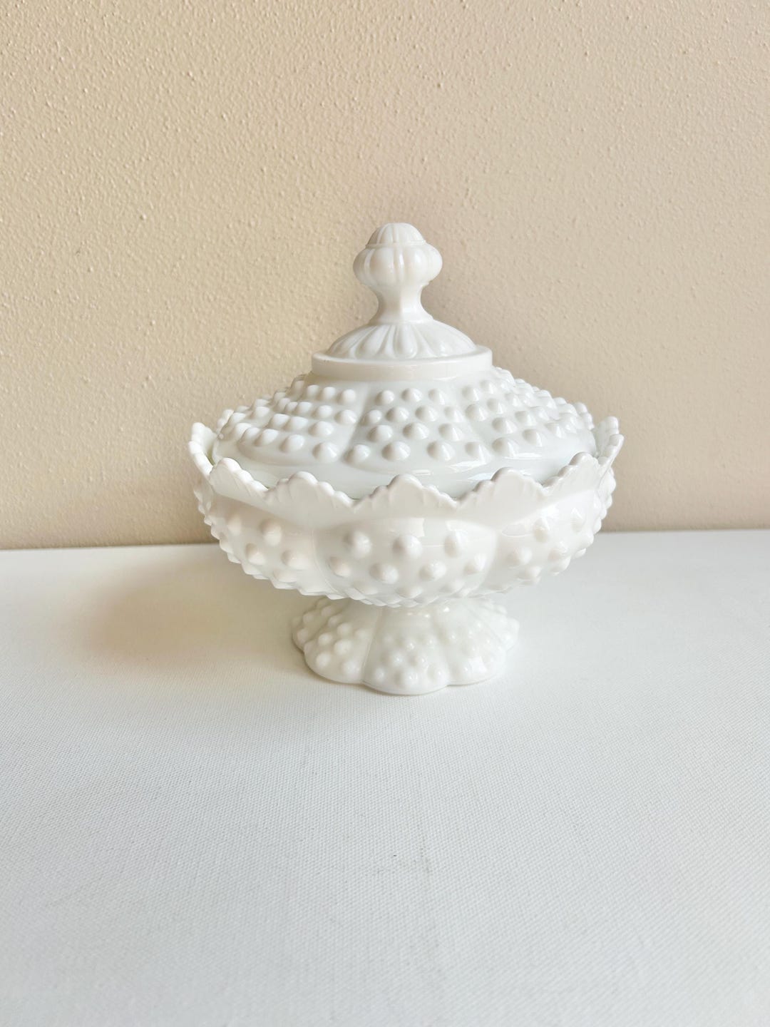 Fenton Milk Glass Hobnail Pedestal Candy Dish With Lid, Hobnail Candy ...