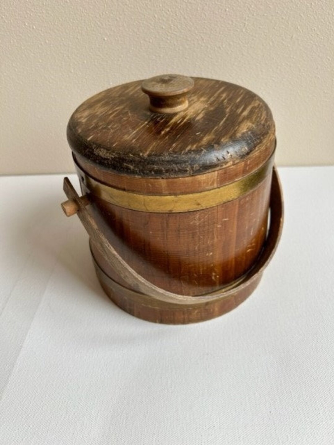 Firkin Wood Bucket With Handle and Lid, Brass Bands, Sugar Bucket ...