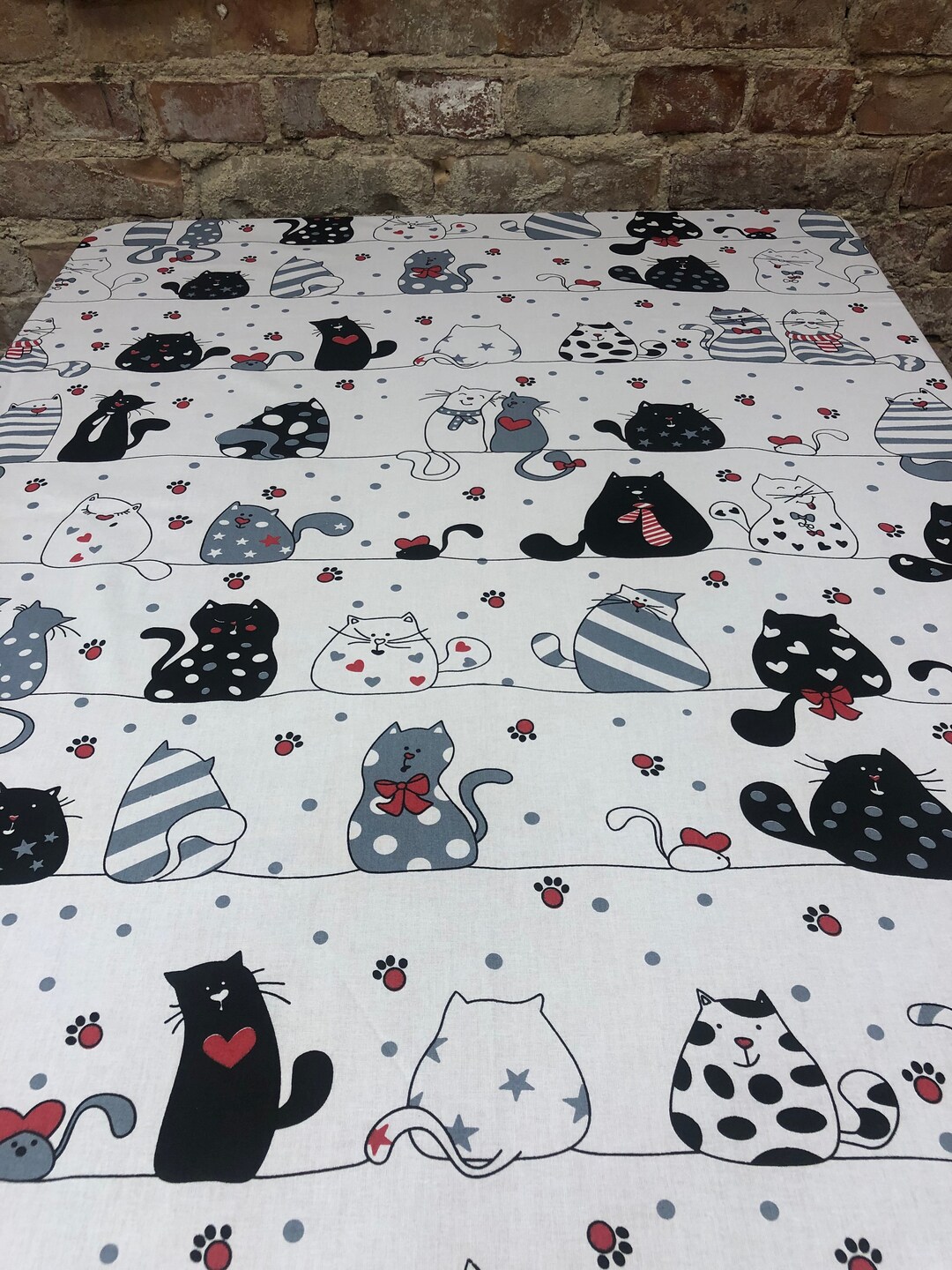 White Cotton Cat Tablecloth, Cat Print Tablecloth, Cotton Fabric ...
