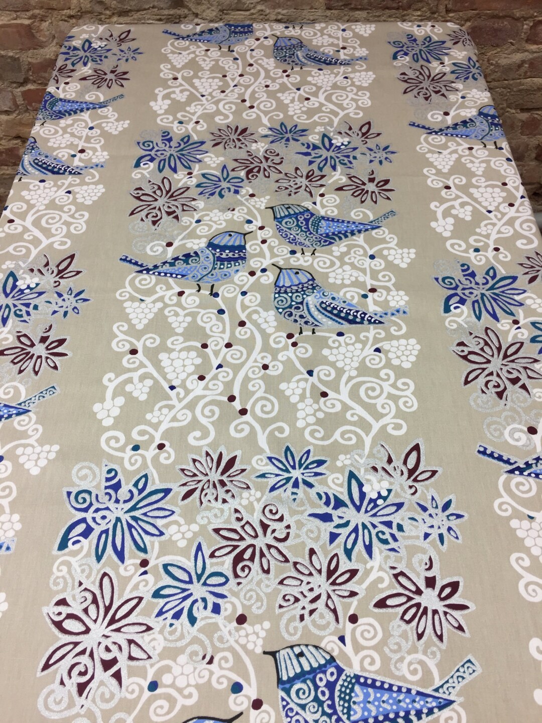 Tablecloth Beige With Blue Birds and White, Blue Purple Decor, Silver ...