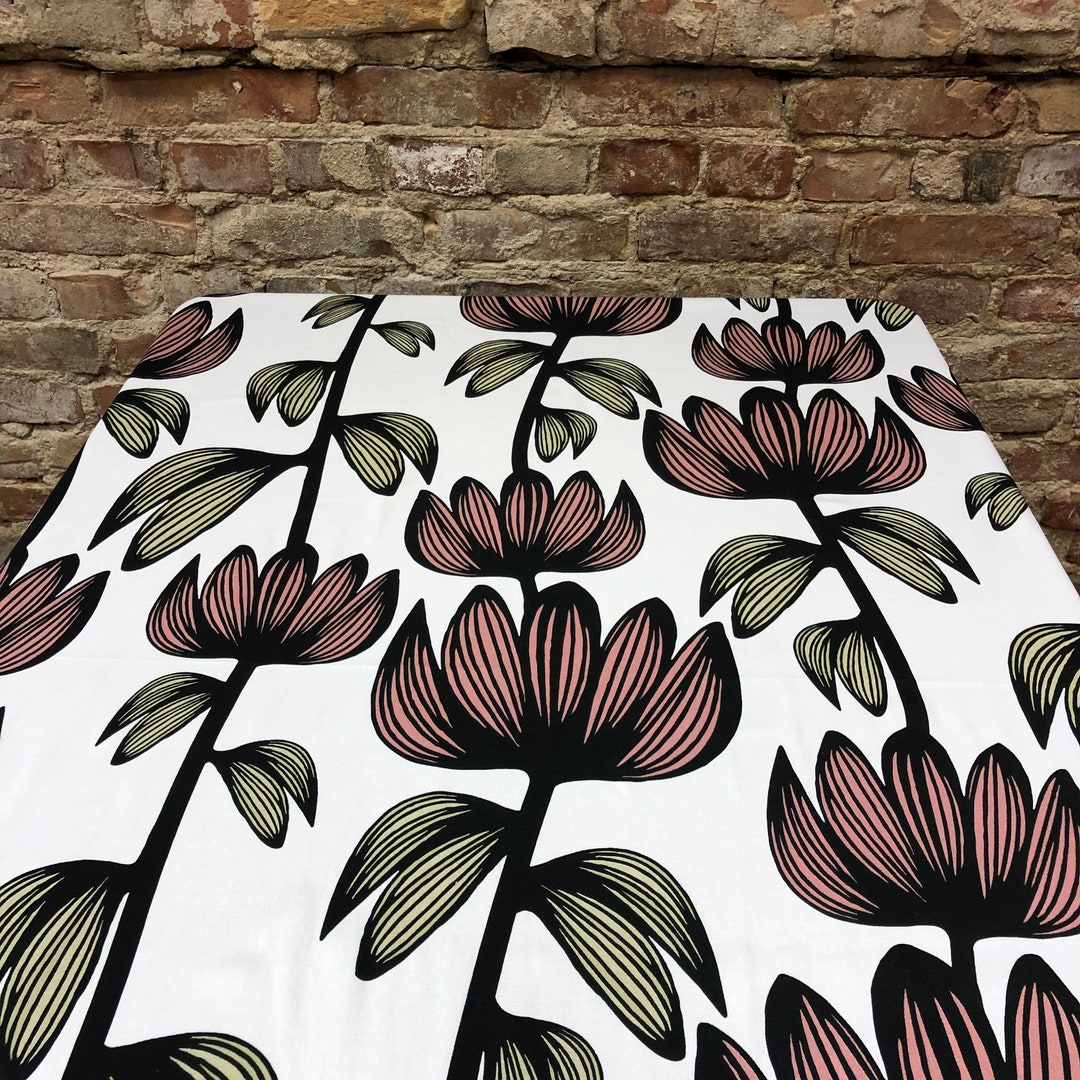 Scandinavian Cotton Tablecloth: White With Black & Pink Flowers - Etsy