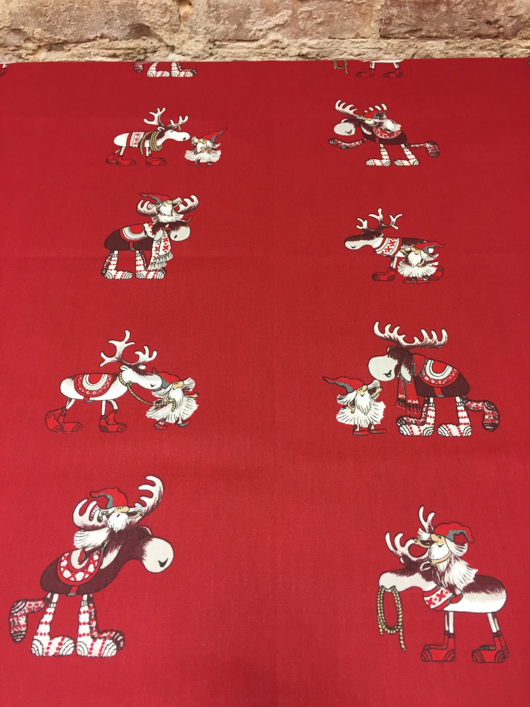 Christmas Table Runner Red With Reindeer and Elves, Scandinavian Design ...