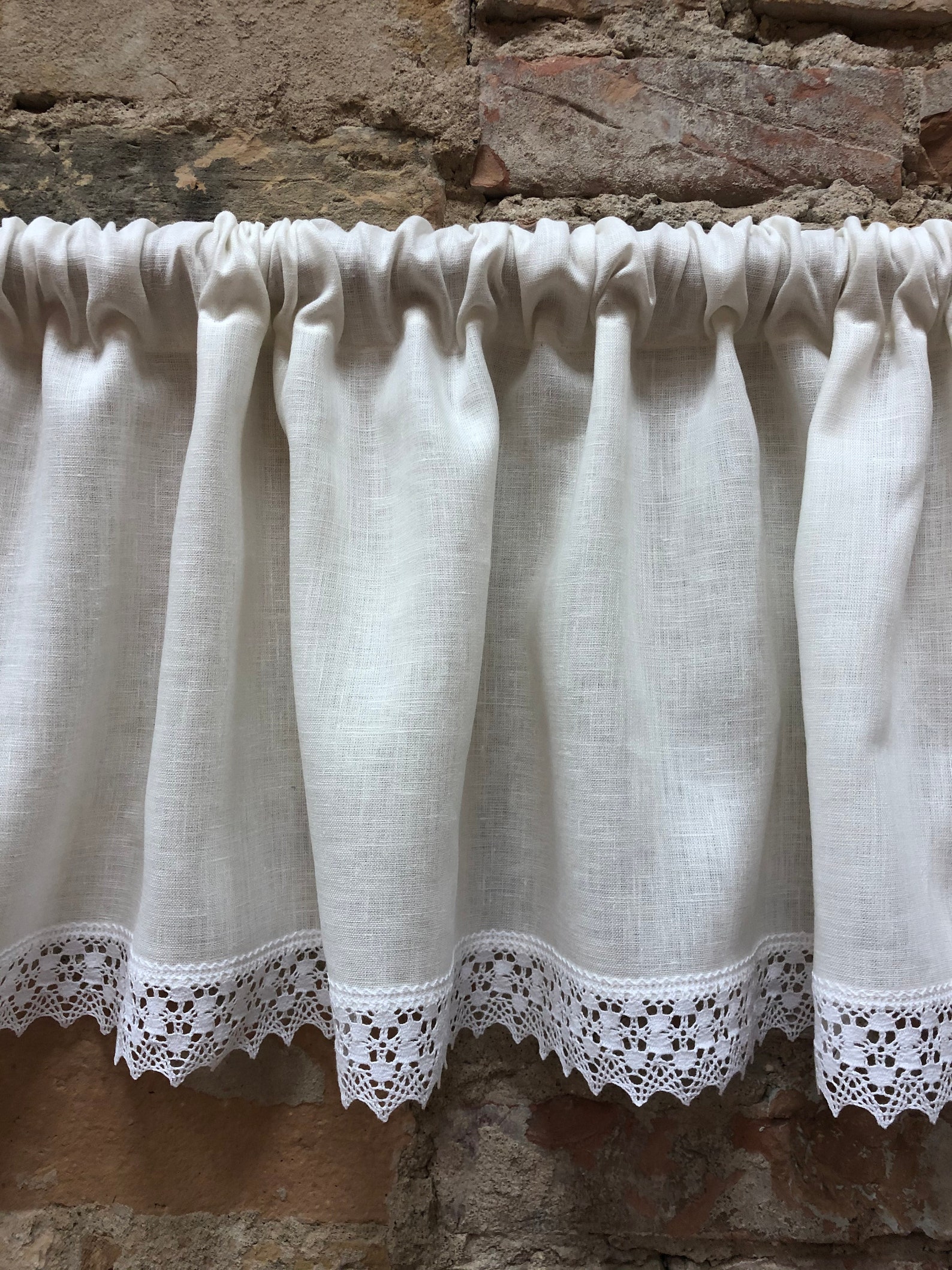 White Linen Cafe Curtain: Scandinavian Farmhouse Lace Valance - Etsy