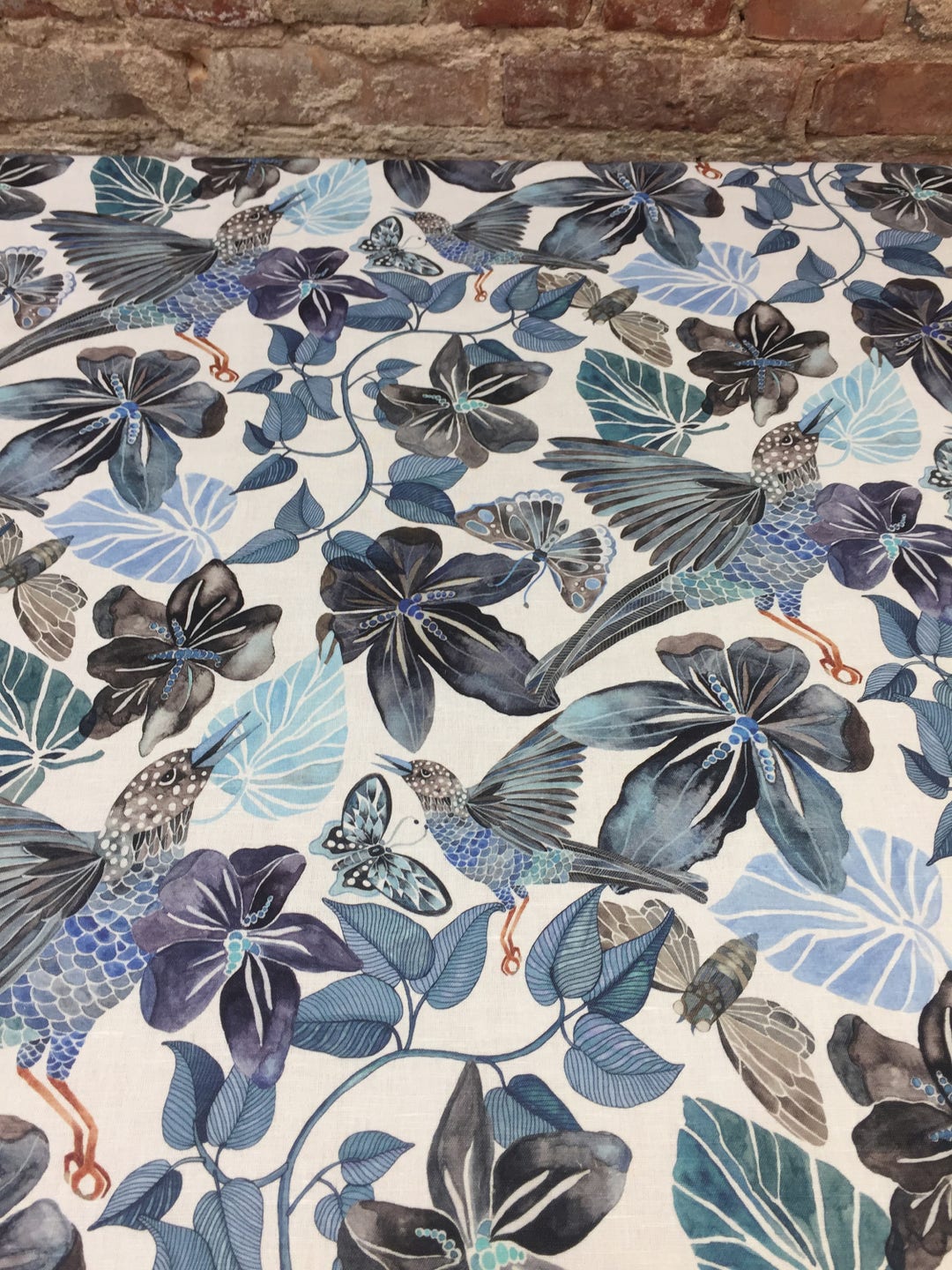 White Linen Runner With Blue and Dark Blue Flowers and Birds, Blue ...