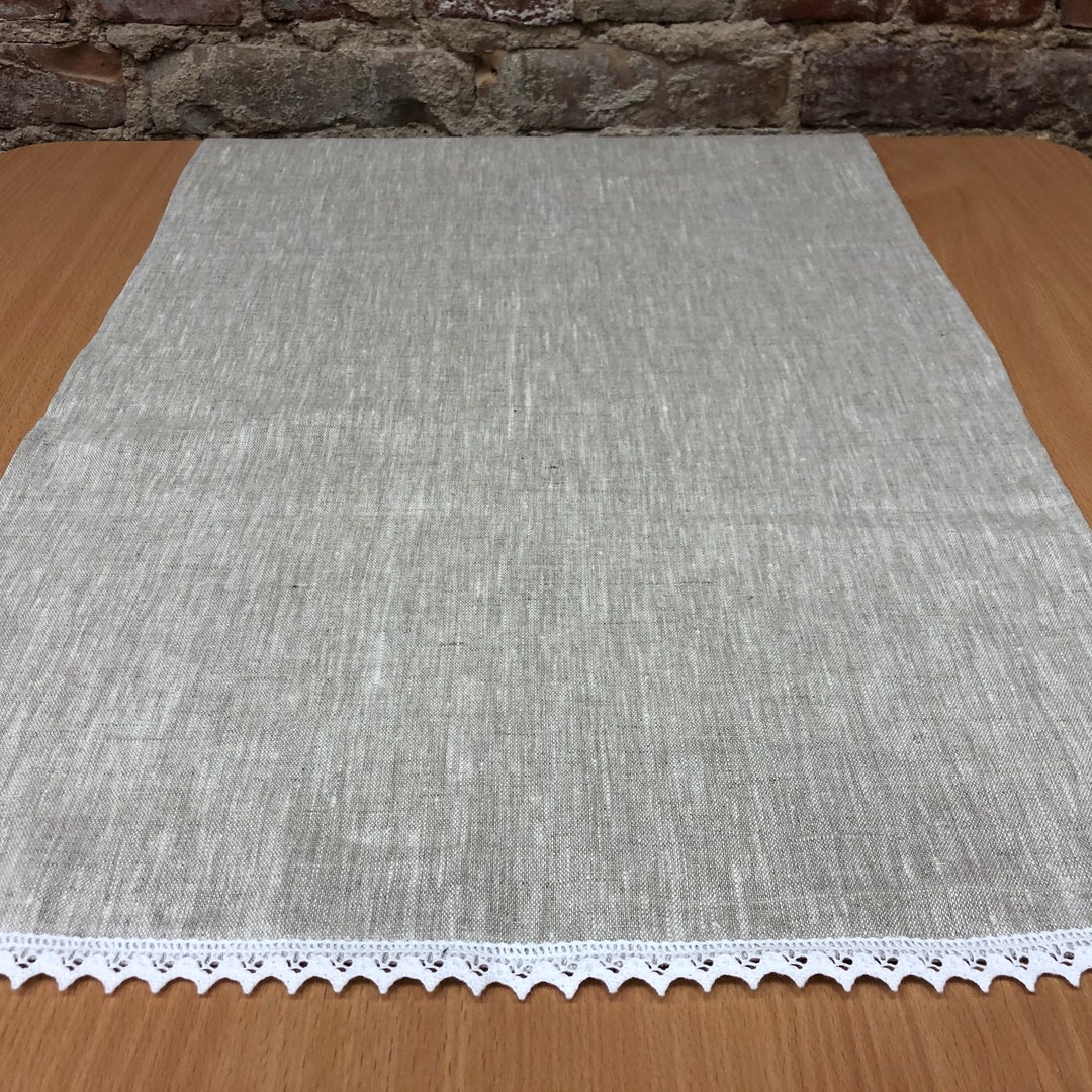Runner in lino grigio naturale, Runner da tavolo in lino con pizzo ...