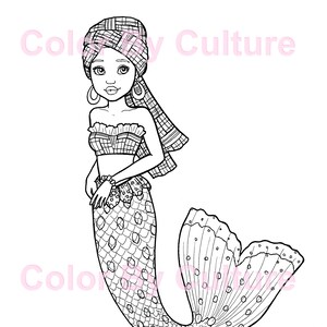 Cute African Mermaid Fantasy Coloring Page Adult Coloring Page ...