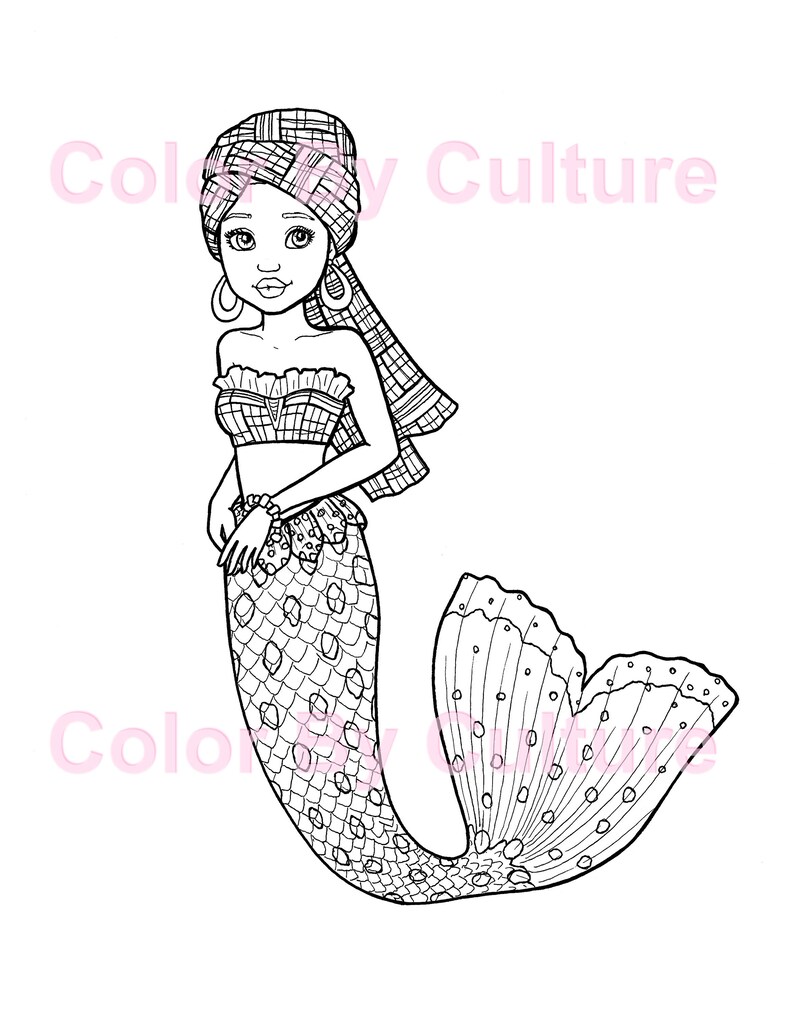 Cute African Mermaid Fantasy Coloring Page Adult Coloring Page ...