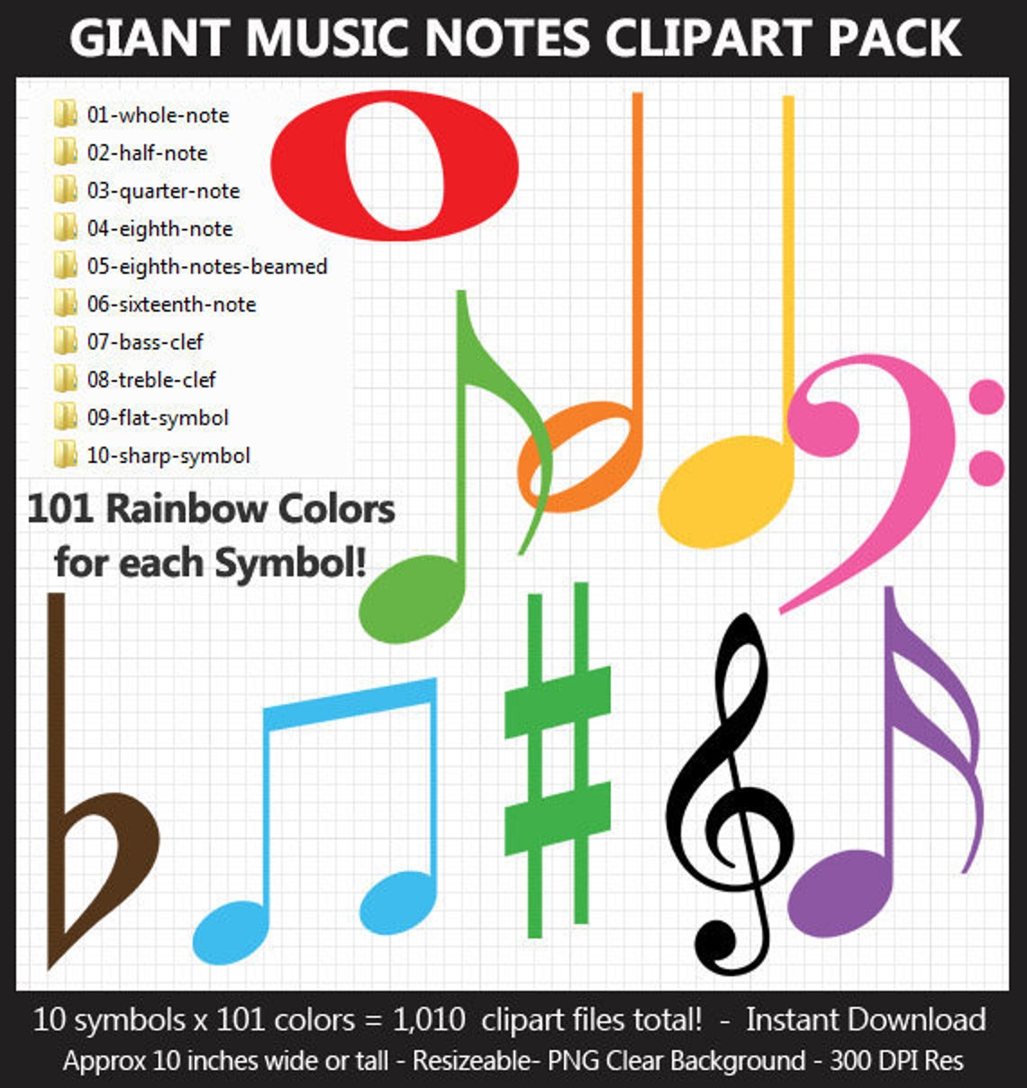 Giant Music Notes Clipart Pack 101 Fun Colors Treble Clef | Etsy