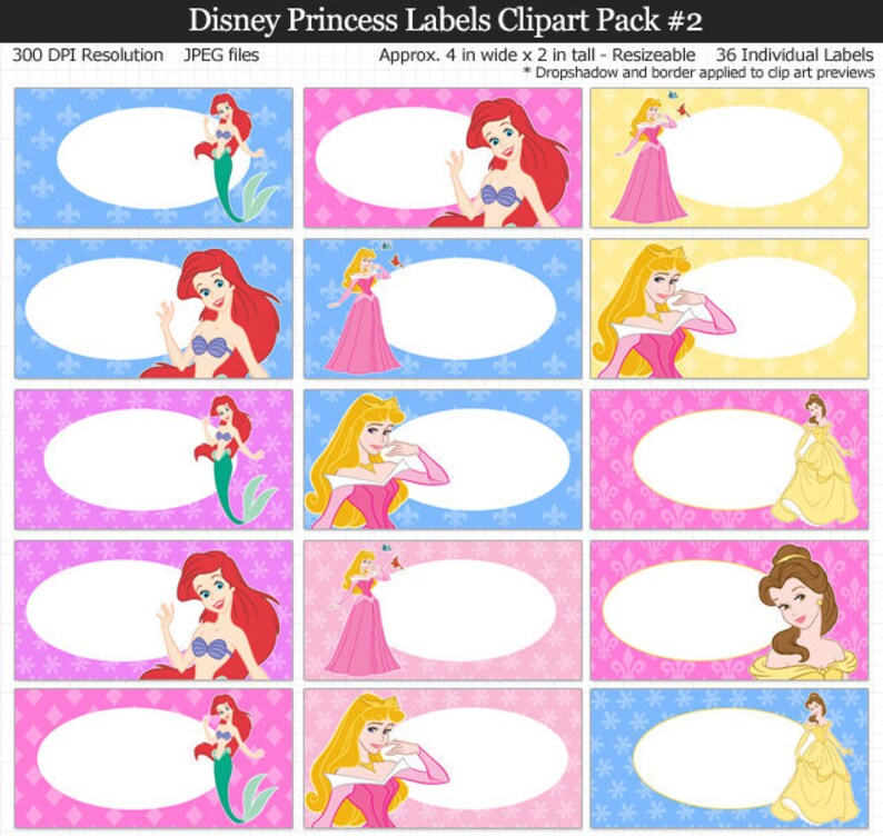Disney Princess Labels Clipart Pack Cinderella Beauty and | Etsy