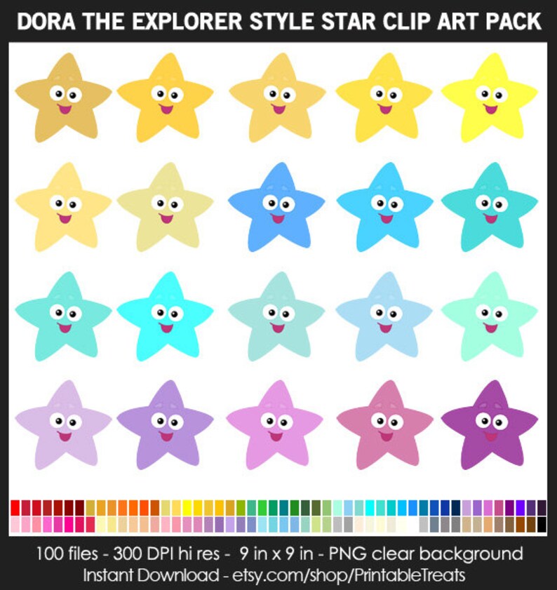 Dora the Explorer Style Star Clipart 100 Fun Colors | Etsy