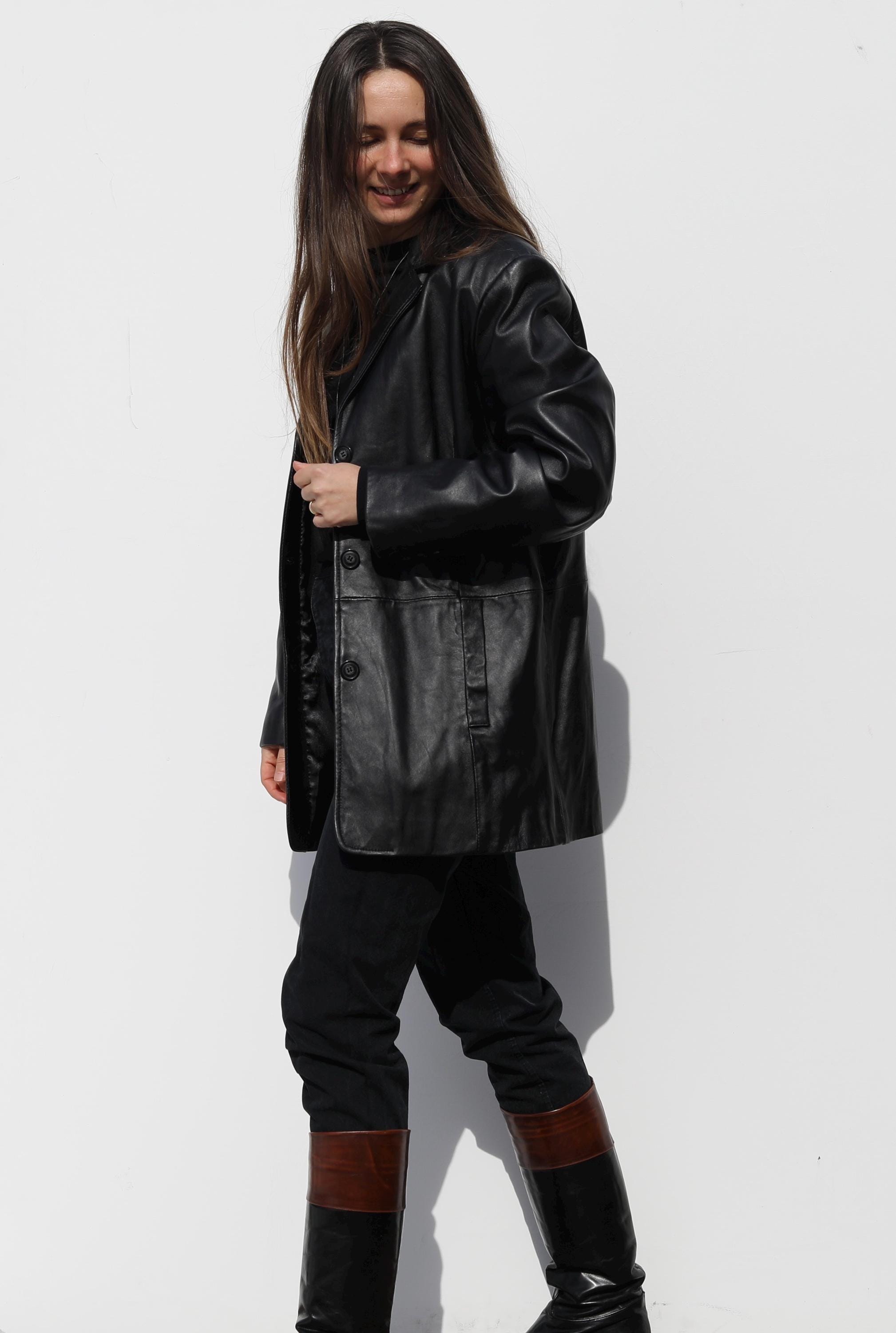 VTG 90s Black Leather Jacket, Slim Leather Chore Coat, Street Style ...
