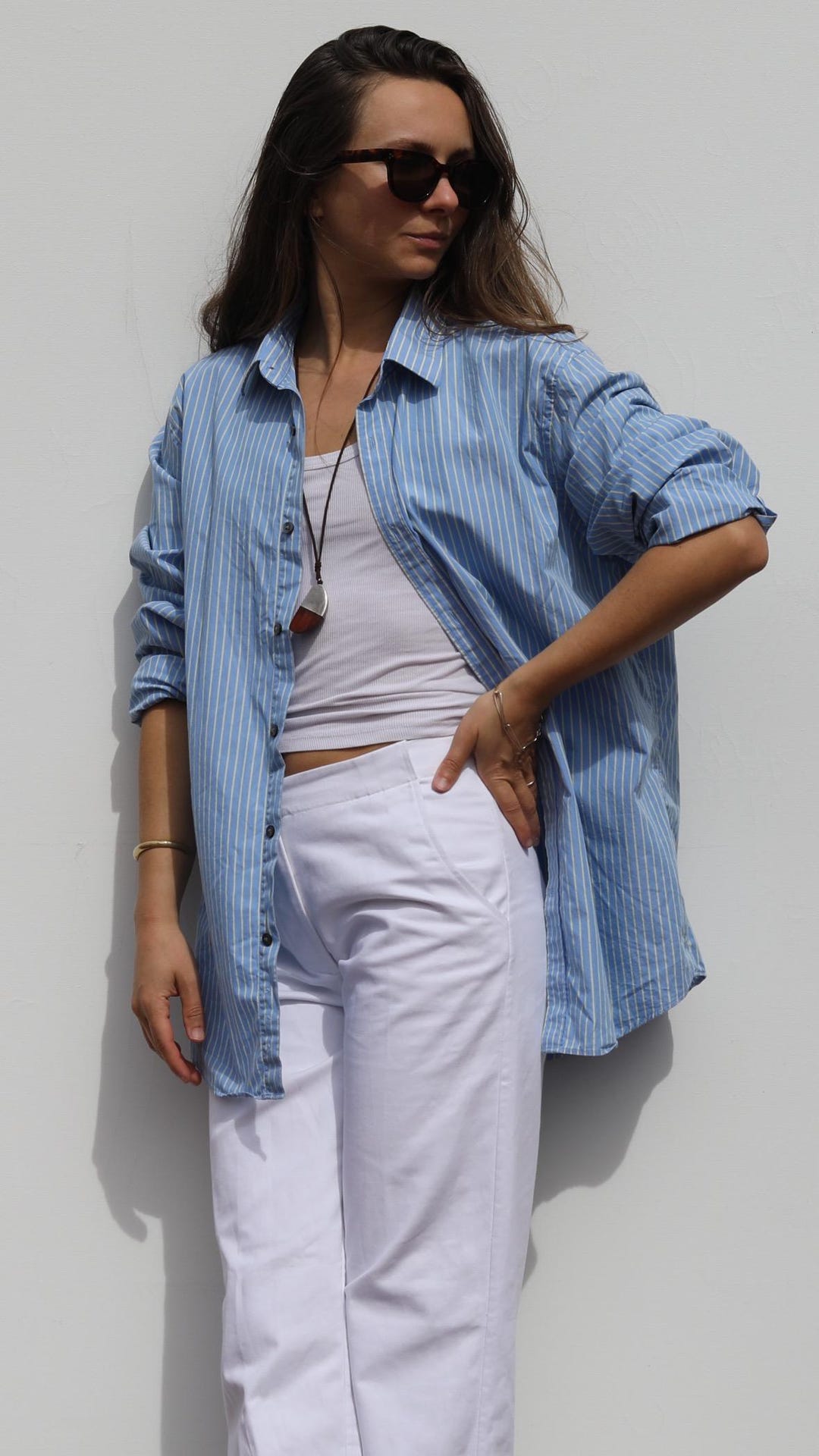 VTG 90s Express Blue Yellow Pin Striped 100% Cotton Boyfriend Shirt ...