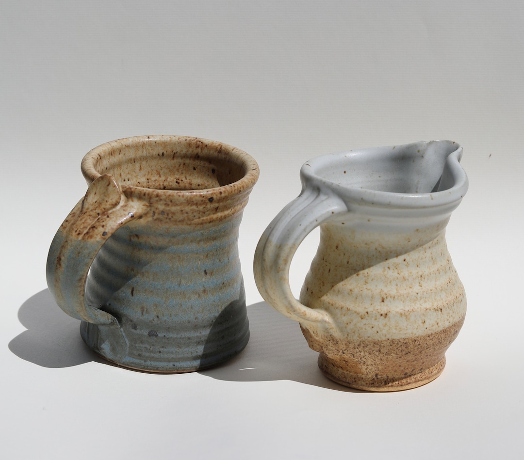 Vintage Two-tone Pottery Mug Set With Creamer: Earthy Ceramic Drinkware ...