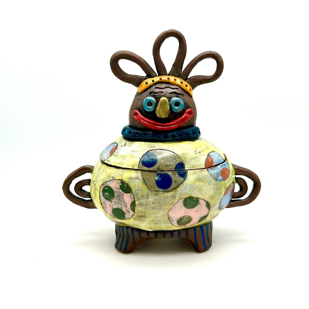 Whimsical Lidded Ceramic Trinket Jar: Handmade Art Decor Sculpture ...