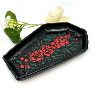 Coffin Shaped Trinket Dish With Red Roses Ceramic Candy or Ring Dish ...