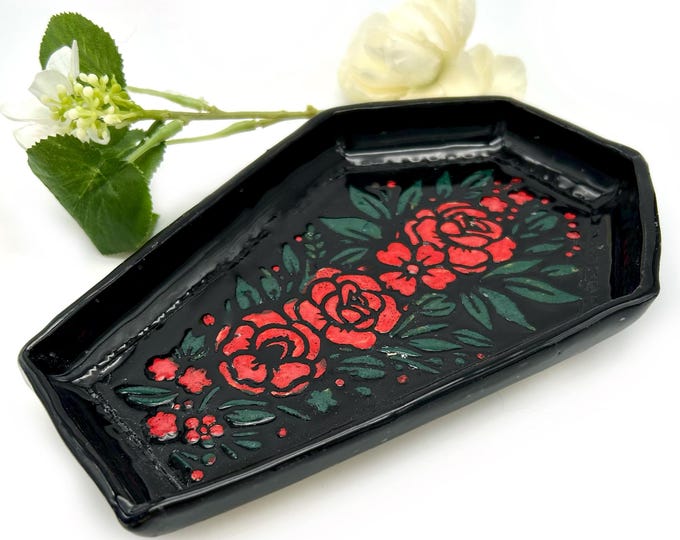 Coffin Shaped Trinket Dish With Red Roses Ceramic Candy or Ring Dish ...