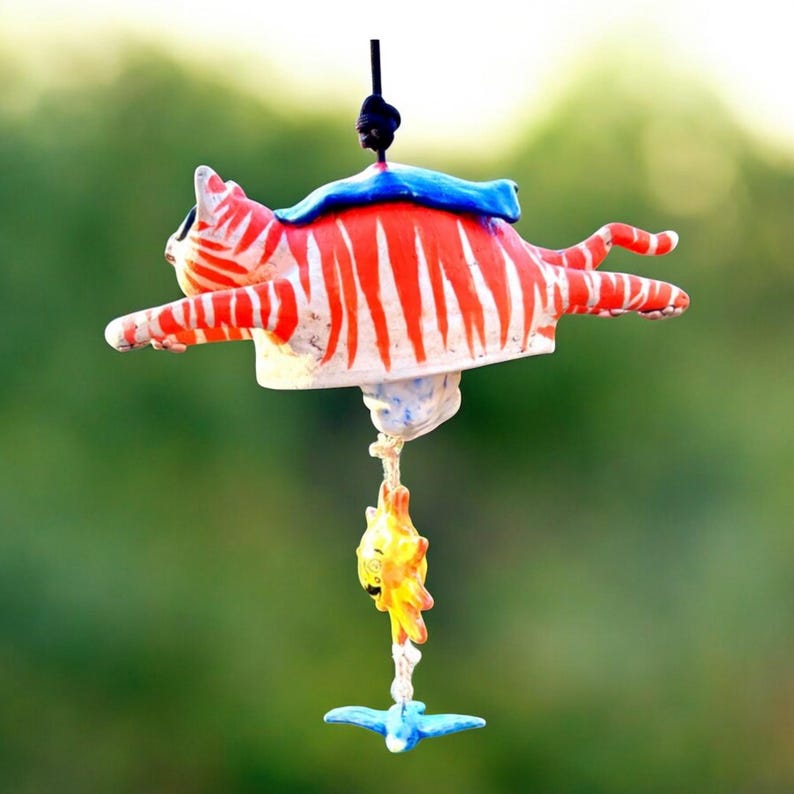 Handmade Super Hero Cat Wind Chime: Ceramic Flying Kitten Garden Art ...