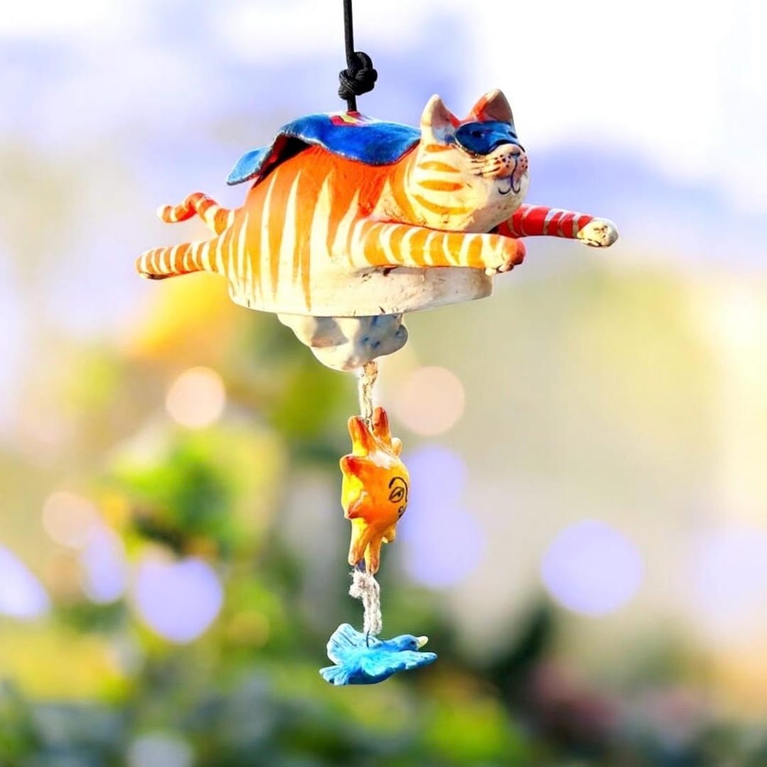 Handmade Super Hero Cat Wind Chime: Ceramic Flying Kitten Garden Art ...