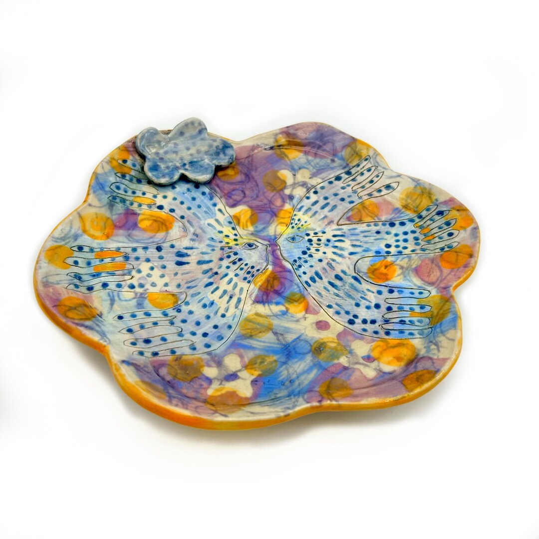 Ceramic Bird Platter Hand Made Serving Plate Hand Painted Folk Art Boho ...
