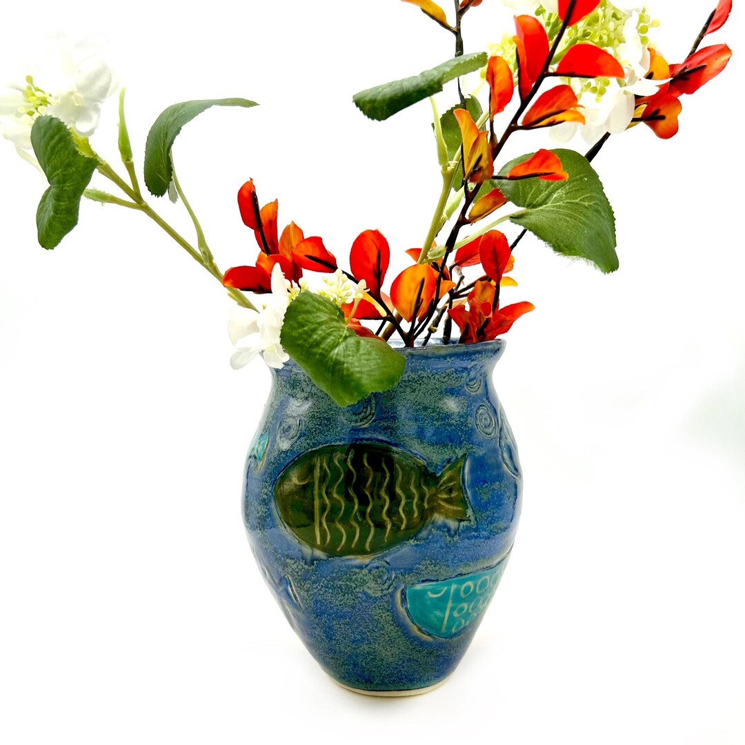 Ceramic Fish Vase Flower Holder Floral Stoneware Pottery Handmade ...