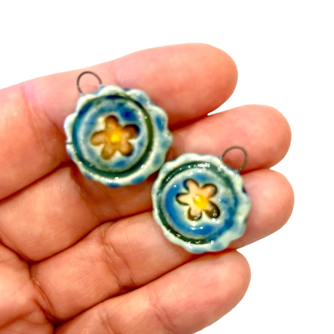 Blue Ceramic Charms Handmade Hand Painted Folk Art Flowers - Etsy