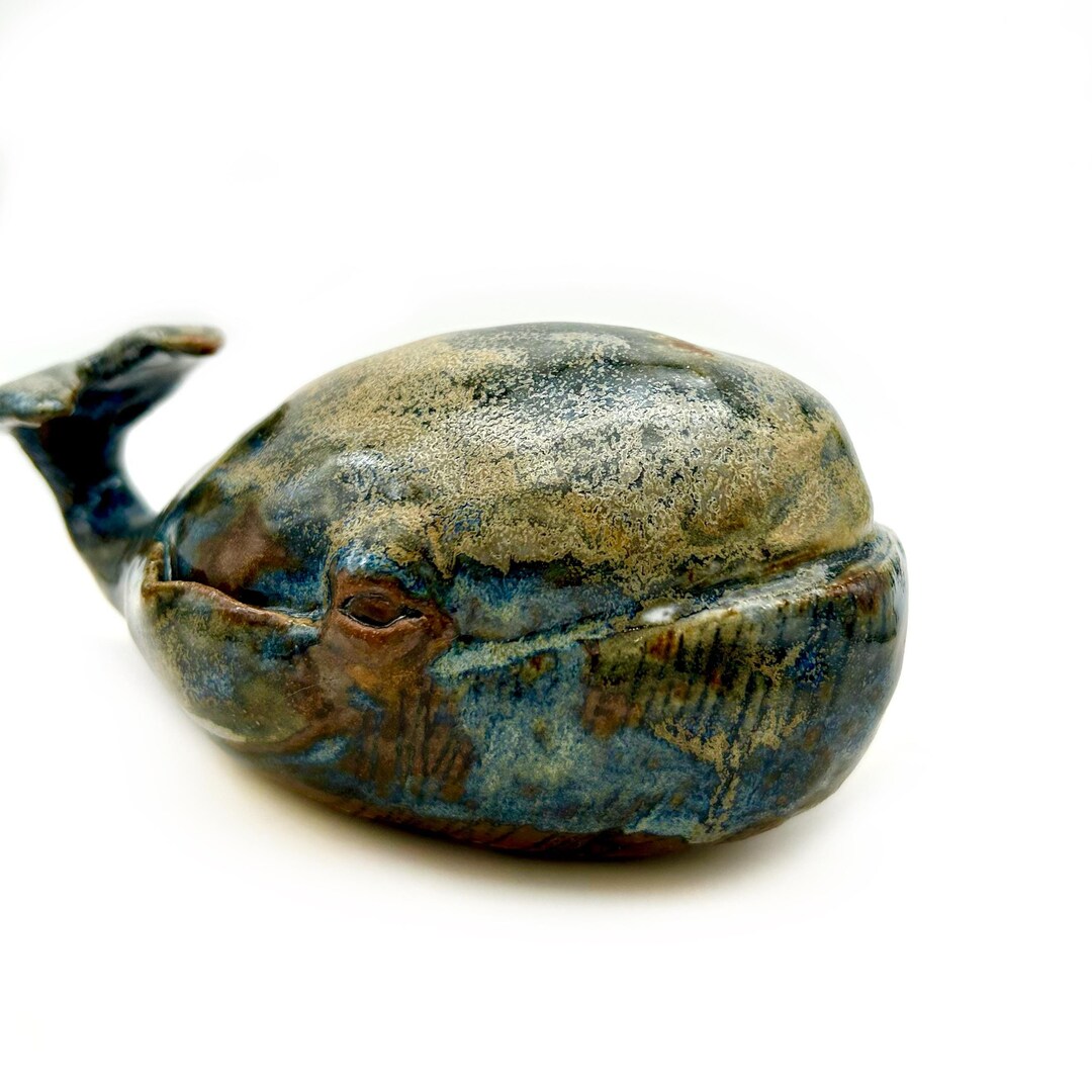 Rustic Whale Sculpture Ceramic Figurine Blue Brown Earthy Coastal Decor ...