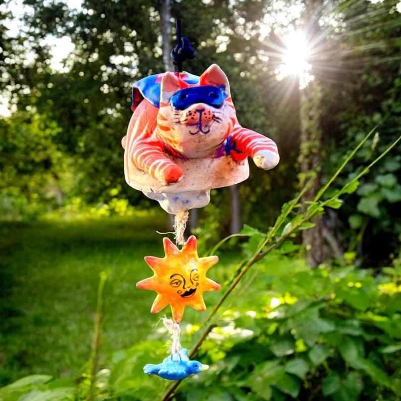 Handmade Super Hero Cat Wind Chime: Ceramic Flying Kitten Garden Art ...