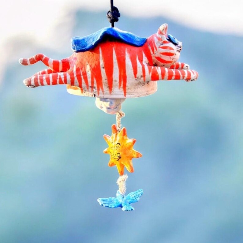 Handmade Super Hero Cat Wind Chime: Ceramic Flying Kitten Garden Art ...