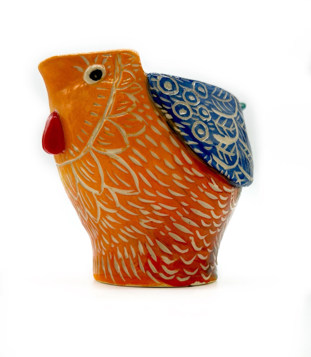 Handmade Ceramic Chicken Pitcher: Sgraffito Pottery, Creamer, Colorful ...