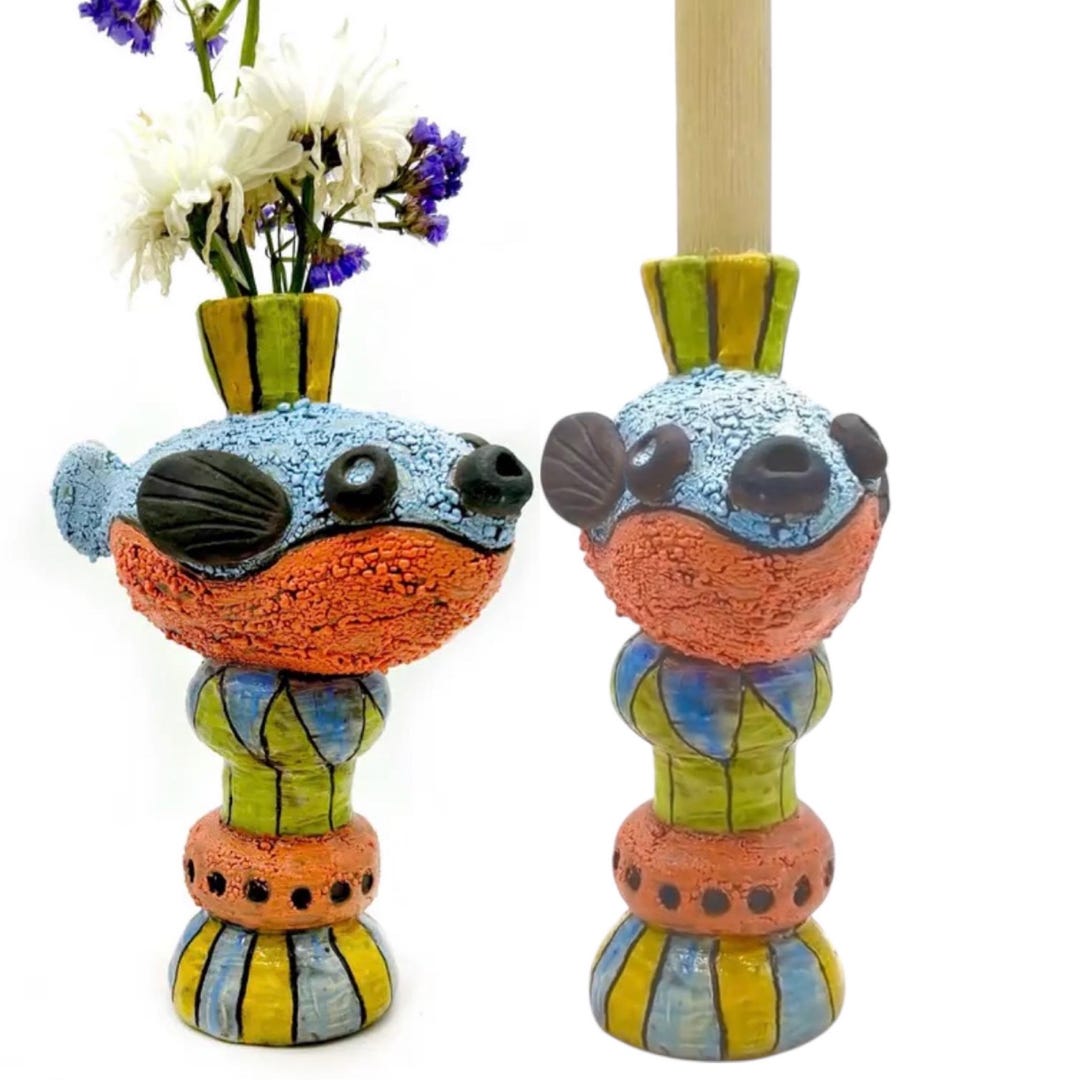 Colorful Handmade Ceramic Puffer Fish Candle Holder Bud Vase: Whimsical ...