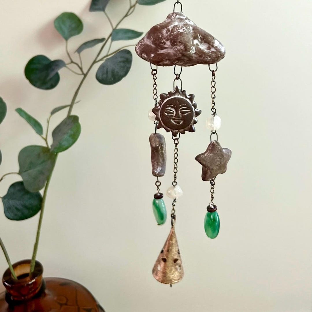 Sun & Moon Wind Chime Ceramic Boho Celestial Mobile Handmade Bell Decor ...