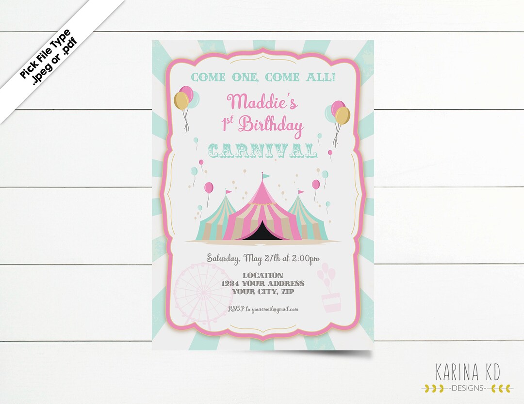 Pink/aqua Carnival 5x7 Invitation - Etsy