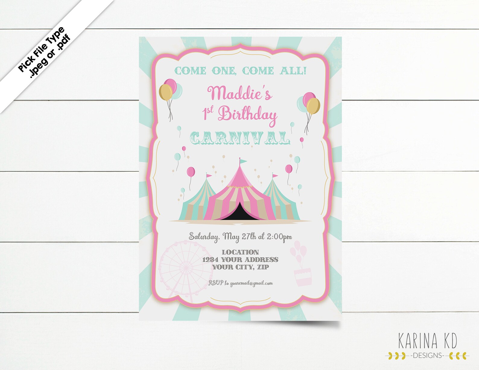 Pink/aqua Carnival 5x7 Invitation - Etsy