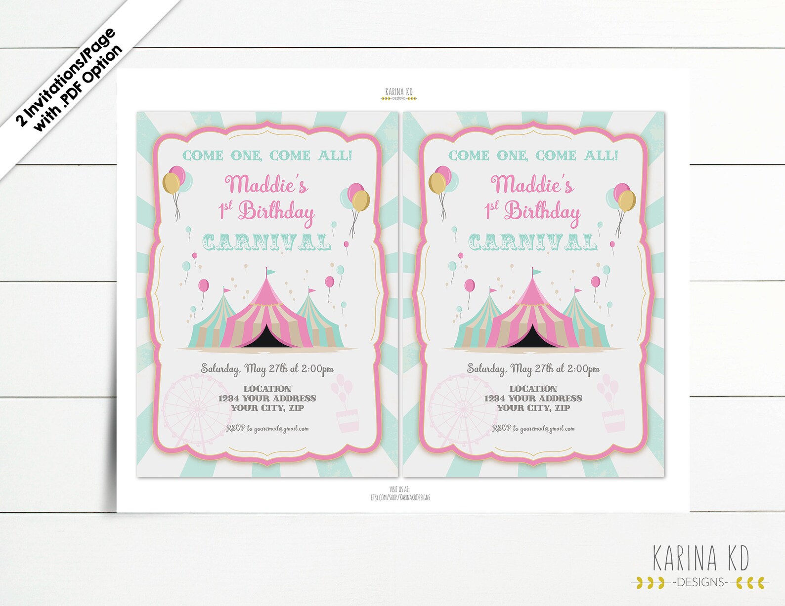 Pink/aqua Carnival 5x7 Invitation - Etsy