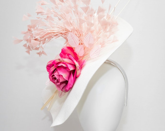 Kentucky Derby Hat Fascinator White Round Large Mat Base With Blush ...