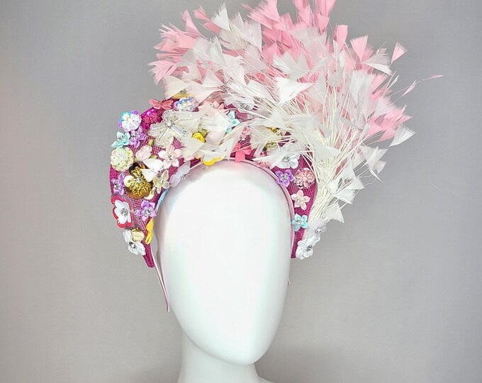 Kentucky Derby Hat Fascinator Sinamay Tiara Fuchsia Headband Rainbow ...