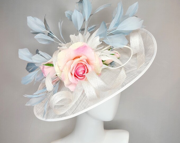 Kentucky Derby Hat Fascinator White Sinamay With Light Pink Blush Roses ...