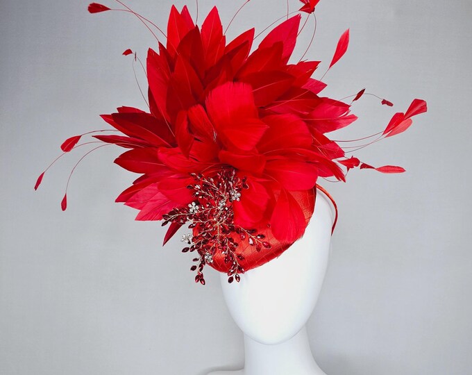 Kentucky Derby Hat Fascinator Red Satin With Netting and Red Crystal ...