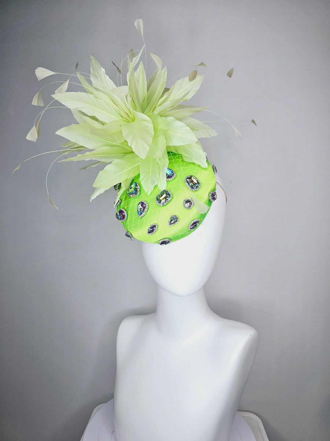 Kentucky Derby Hat Fascinator Lime Neon Green Satin With Netting and ...