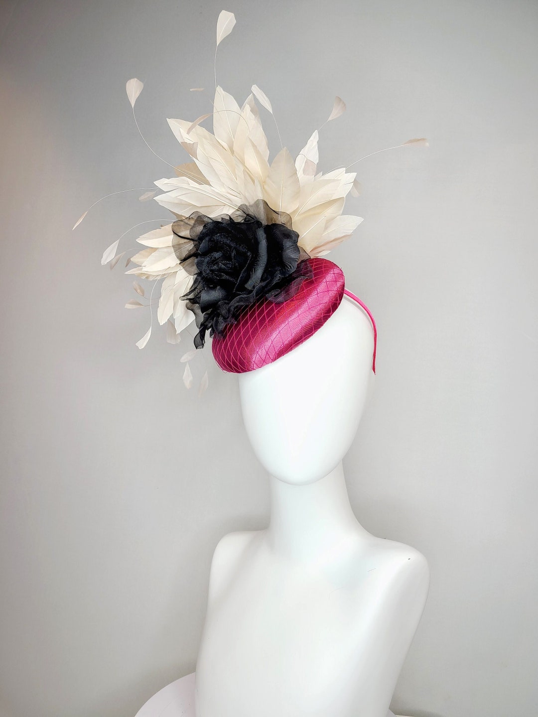 Kentucky Derby Hat Fascinator Pink Fuchsia Satin With Gorgeous Black ...