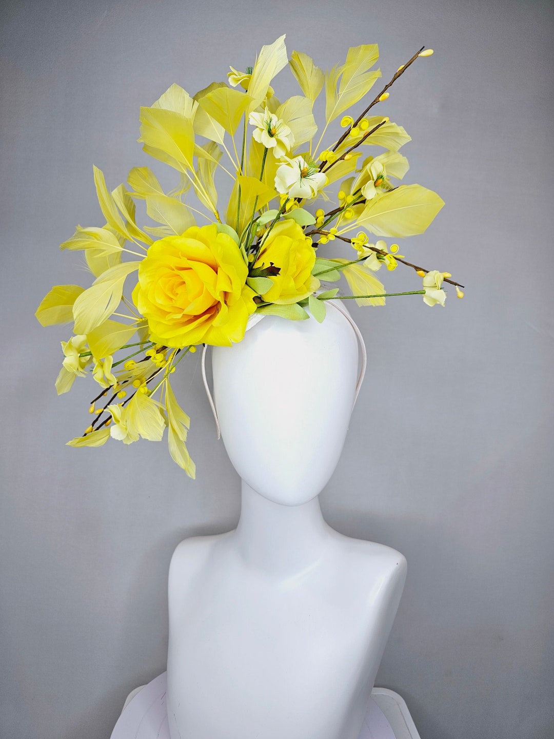 Kentucky Derby Hat Fascinator White Satin Headband With Yellow Feathers ...