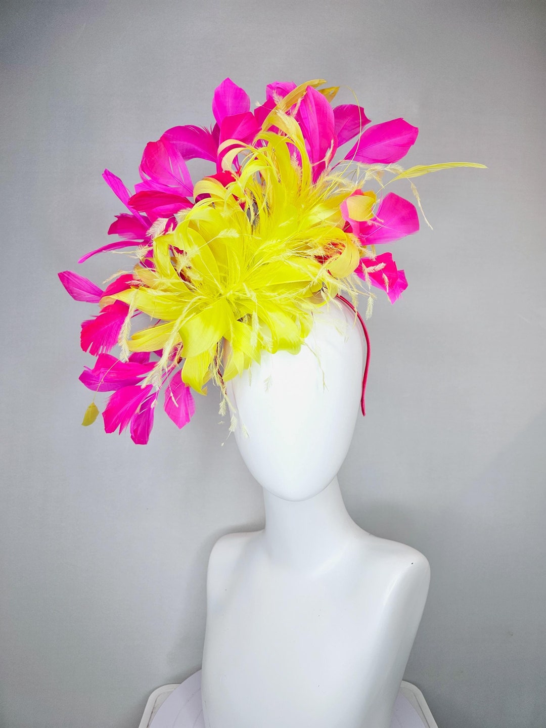 Kentucky Derby Hat Fascinator Yellow Feather Flower With Pink Fuchsia ...