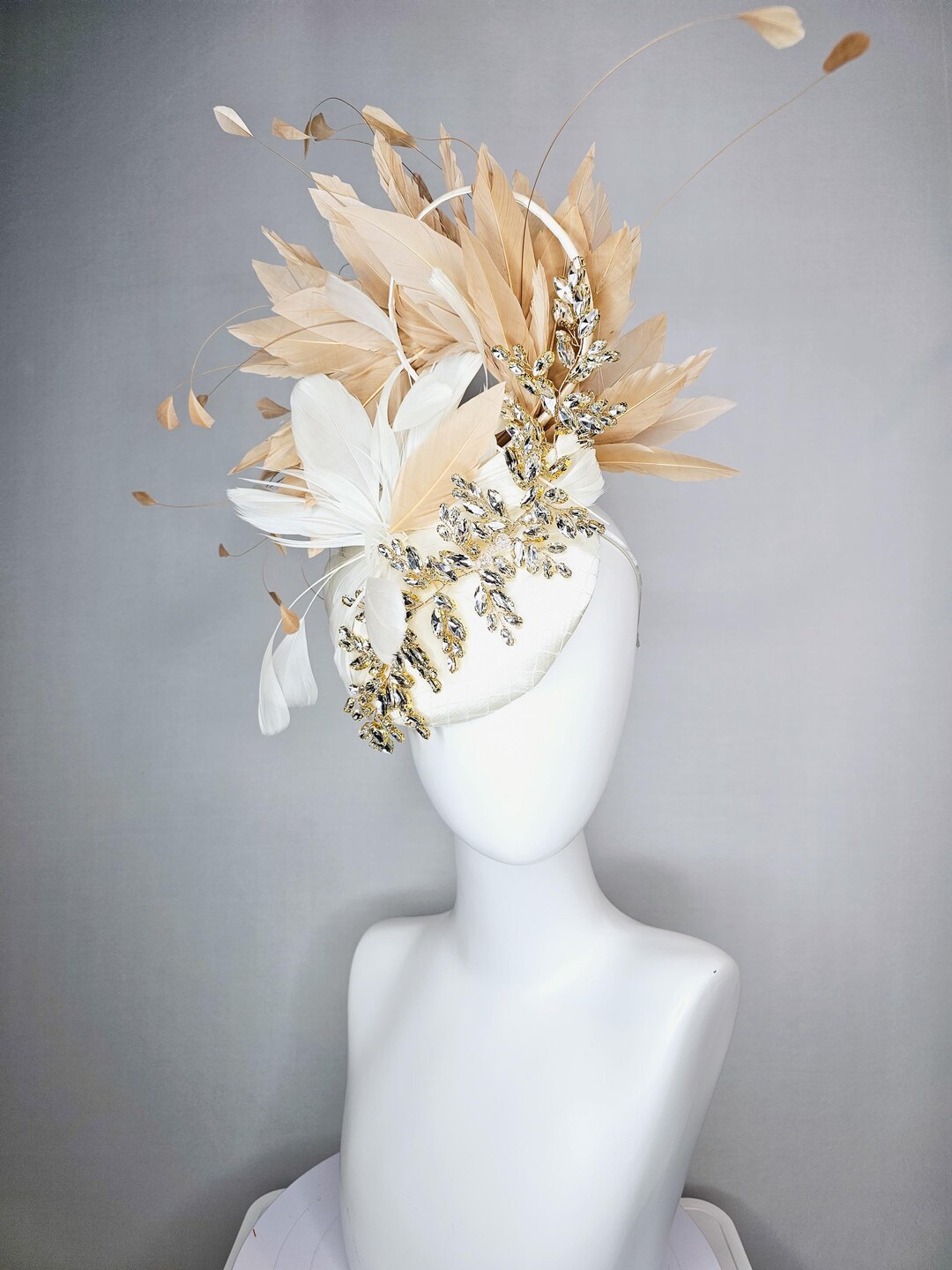 Kentucky Derby Hat Fascinator White Satin With Netting Crystal Vine ...