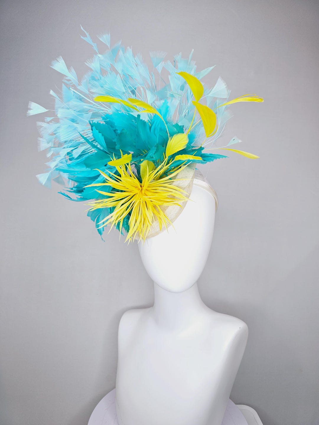 Kentucky Derby Hat Fascinator Yellow Feather Flower With Light Blue and ...