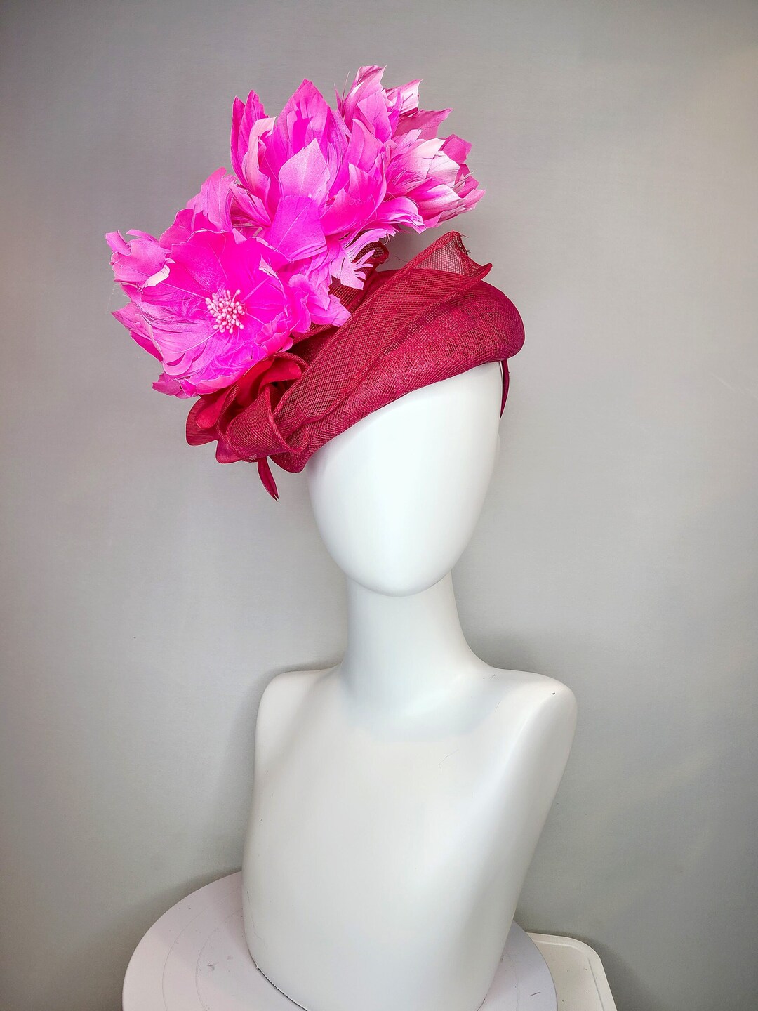 Kentucky Derby Hat Fascinator Large Dark Pink Sinamay Teardrop Base ...