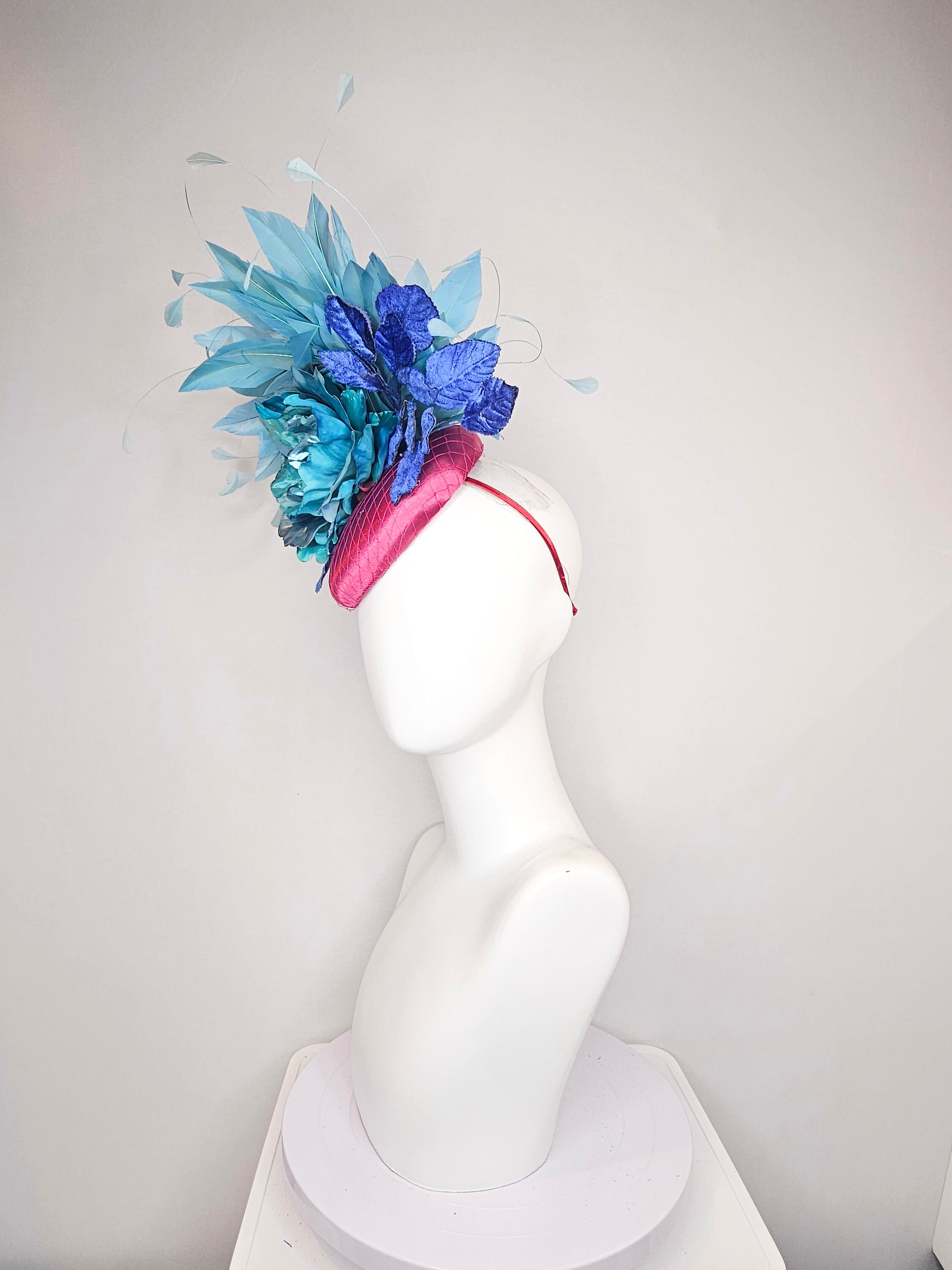 Kentucky Derby Hat Fascinator Fuchsia Magenta Satin Teal Metallic Blue ...