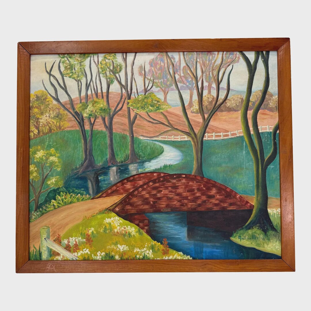 Vintage Oil Painting of Red Bridge & Country Stream | Signed Aniline ...