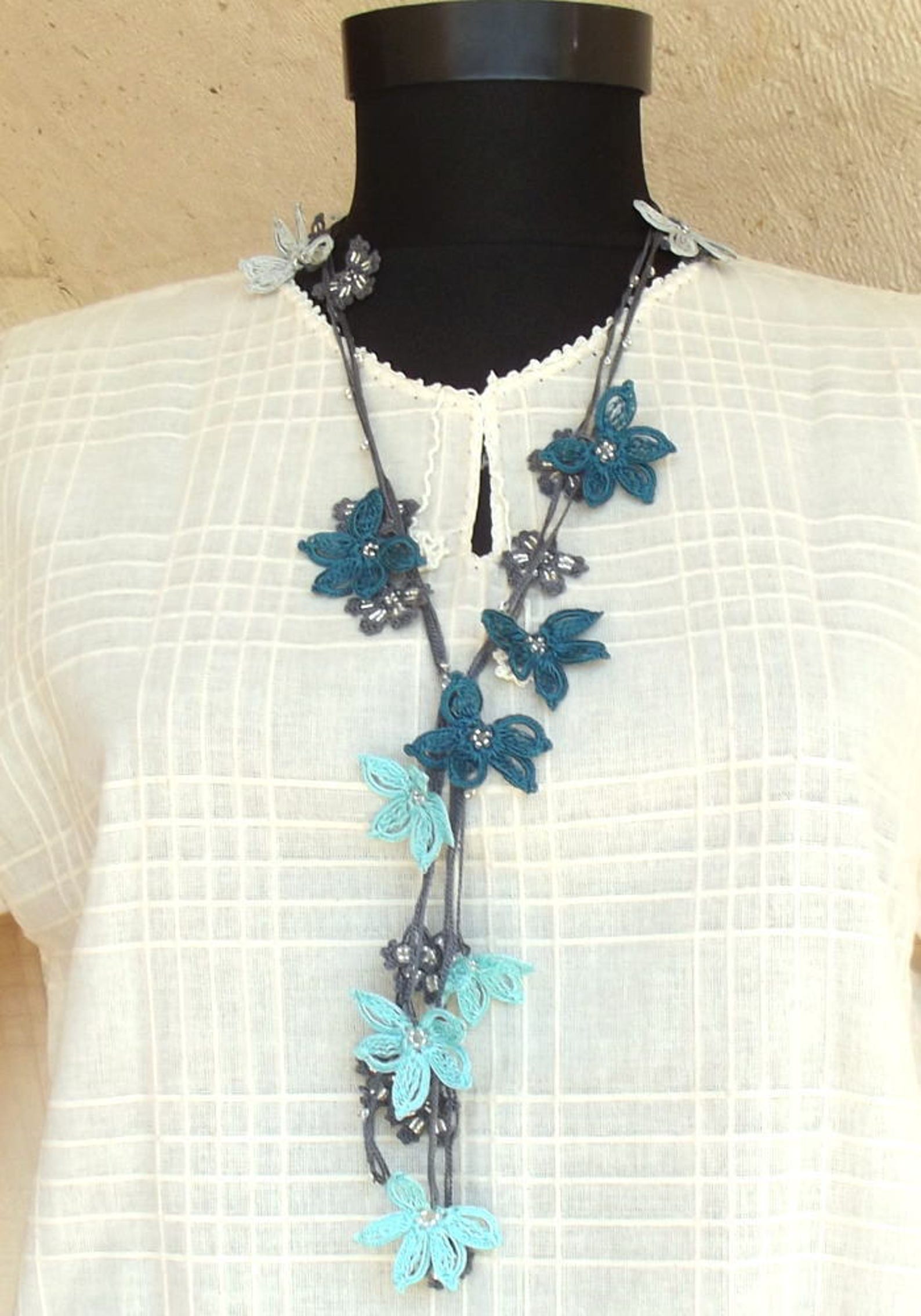Turkish OYA Lace Lariat Necklace Windmill Aquablue / - Etsy