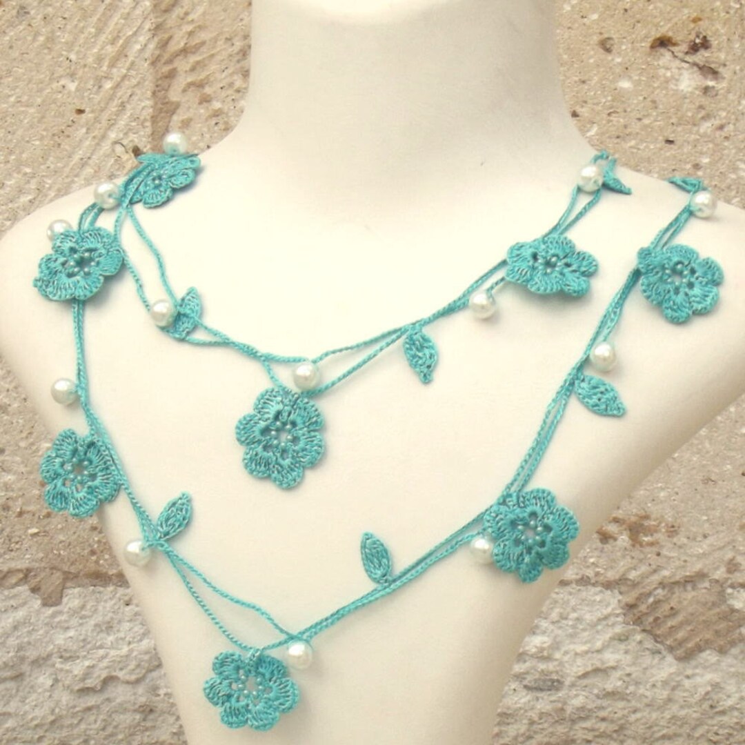 Turkish OYA Lace - Flower&pearl Lariat- Crocheted Jewelry Wedding Bib ...