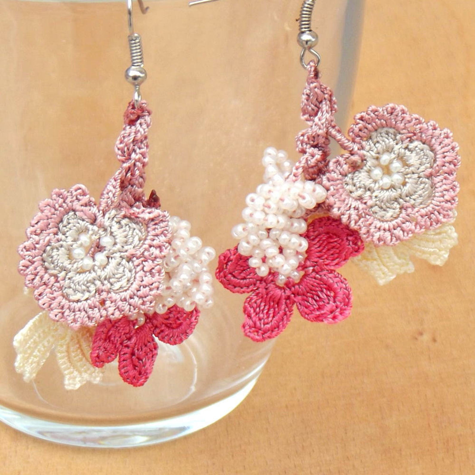 Turkish OYA Lace - Earring - Bijou/pink&white Crocheted Jewelry Wedding ...